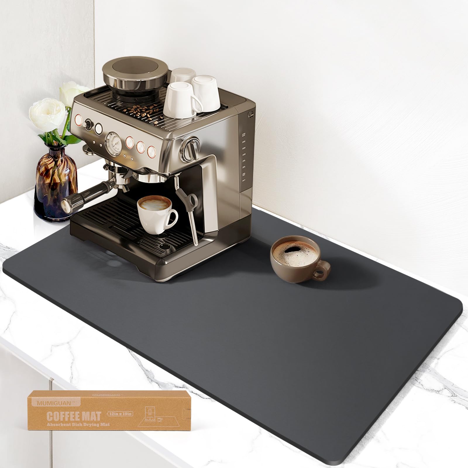 Coffee Mat(Dark Gray 12"x19''), Coffee Bar Mat for Countertop, Anti-Slip Absorbent Dish Drying Mat for Kitchen, Suitable for Coffee Machine, Coffee Maker, Coffee Pot, Espresso Machine, Dish Rack.