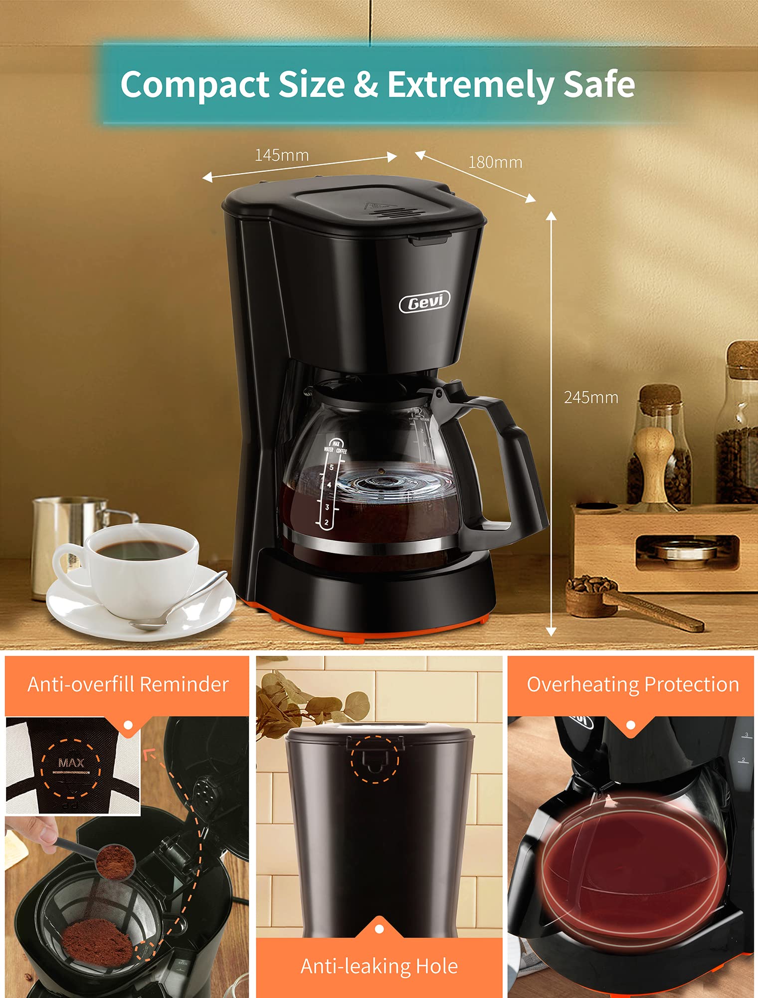 Gevi 5 Cups Small Coffee Maker, Compact Coffee Machine with Reusable Filter, Warming Plate and Coffee Pot for Home and Office