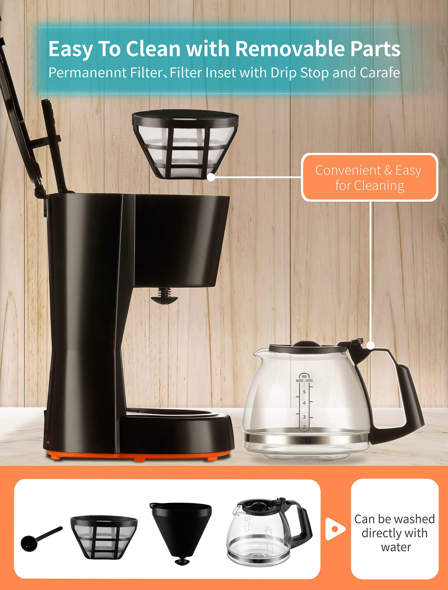 Gevi 5 Cups Small Coffee Maker, Compact Coffee Machine with Reusable Filter, Warming Plate and Coffee Pot for Home and Office