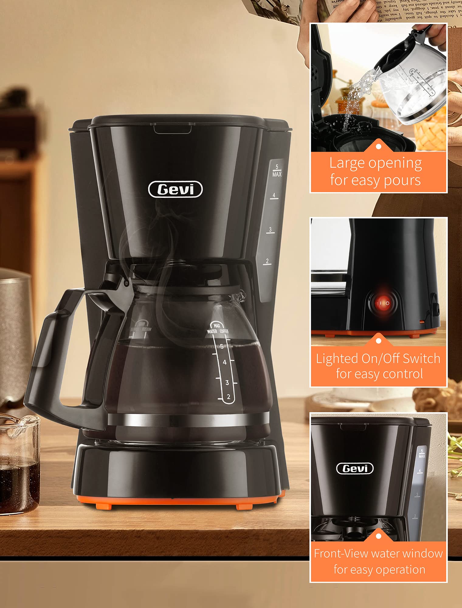 Gevi 5 Cups Small Coffee Maker, Compact Coffee Machine with Reusable Filter, Warming Plate and Coffee Pot for Home and Office