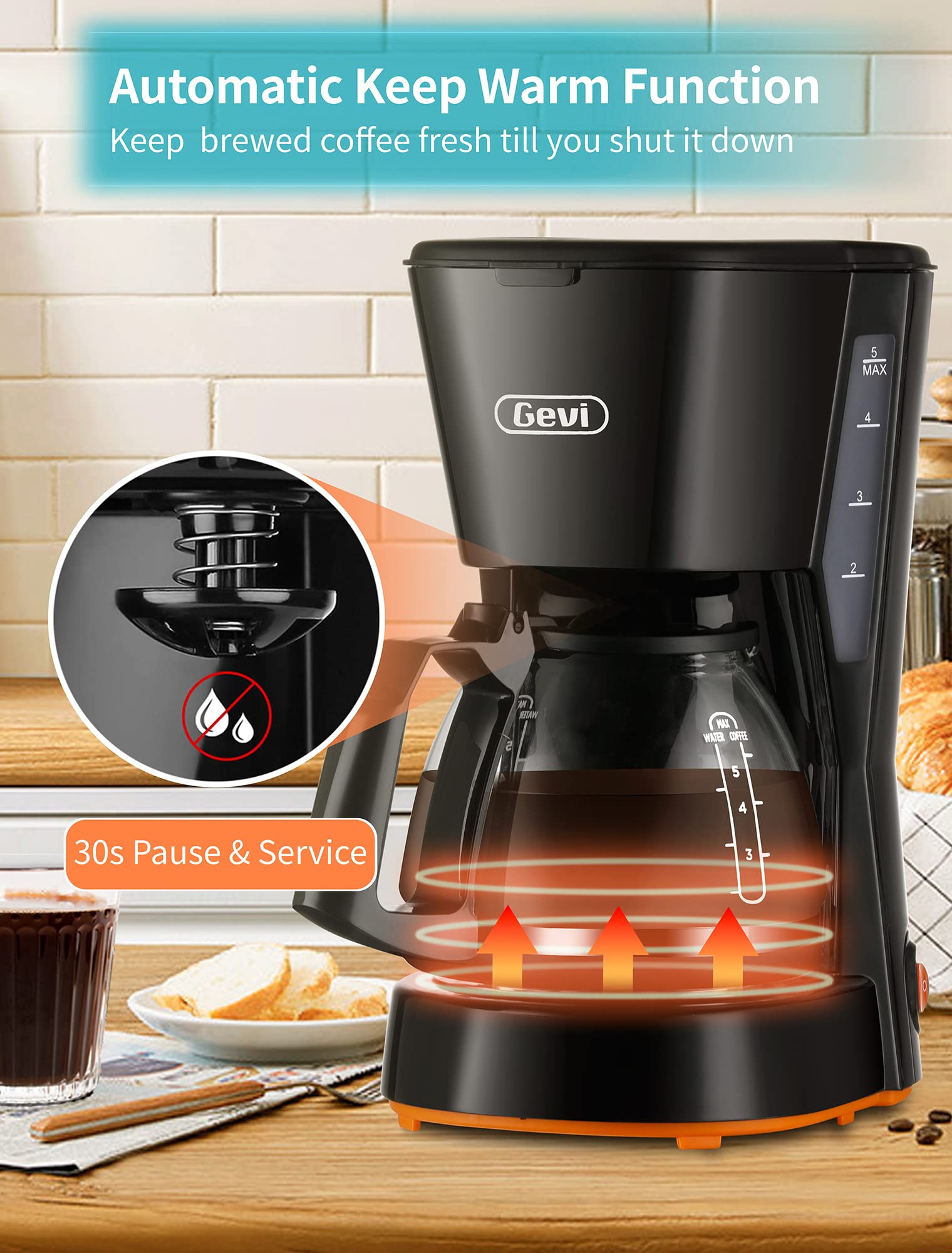 Gevi 5 Cups Small Coffee Maker, Compact Coffee Machine with Reusable Filter, Warming Plate and Coffee Pot for Home and Office