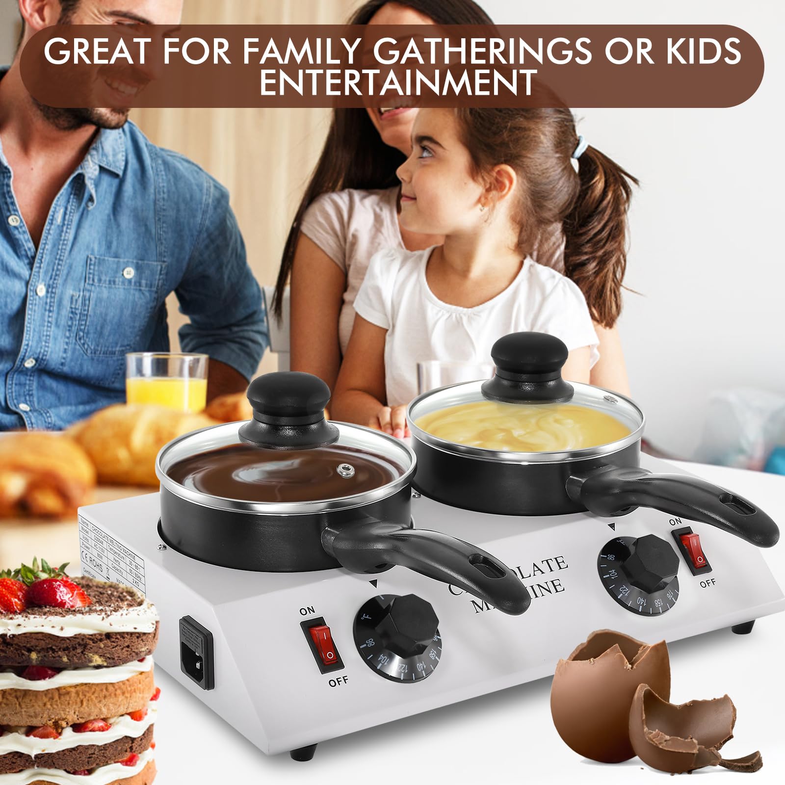 POWLAB Chocolate Melter Pots Electric Heating Chocolate Melting Tempering Machine Removable Cheese Melting Pot Double Pot Capacity & 2 Temperature Setting for Melting Chocolate, Candy, Butter