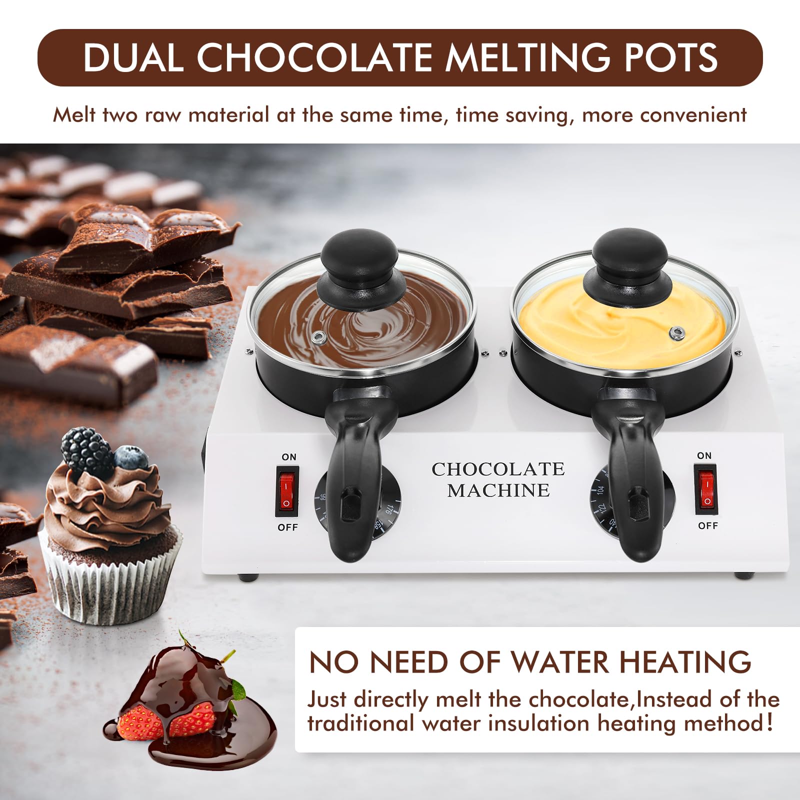 POWLAB Chocolate Melter Pots Electric Heating Chocolate Melting Tempering Machine Removable Cheese Melting Pot Double Pot Capacity & 2 Temperature Setting for Melting Chocolate, Candy, Butter