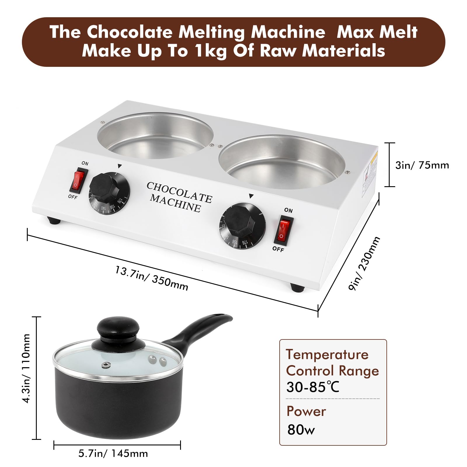 POWLAB Chocolate Melter Pots Electric Heating Chocolate Melting Tempering Machine Removable Cheese Melting Pot Double Pot Capacity & 2 Temperature Setting for Melting Chocolate, Candy, Butter