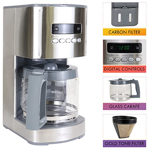 Kenmore Aroma Control 12-Cup Programmable Coffee Maker, Stainless Steel Drip Coffee Machine, Glass Carafe, Reusable Filter, Timer, Digital Display, Charcoal Water Filter, Regular or Bold