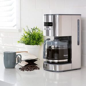 Kenmore Aroma Control 12-Cup Programmable Coffee Maker, Stainless Steel Drip Coffee Machine, Glass Carafe, Reusable Filter, Timer, Digital Display, Charcoal Water Filter, Regular or Bold