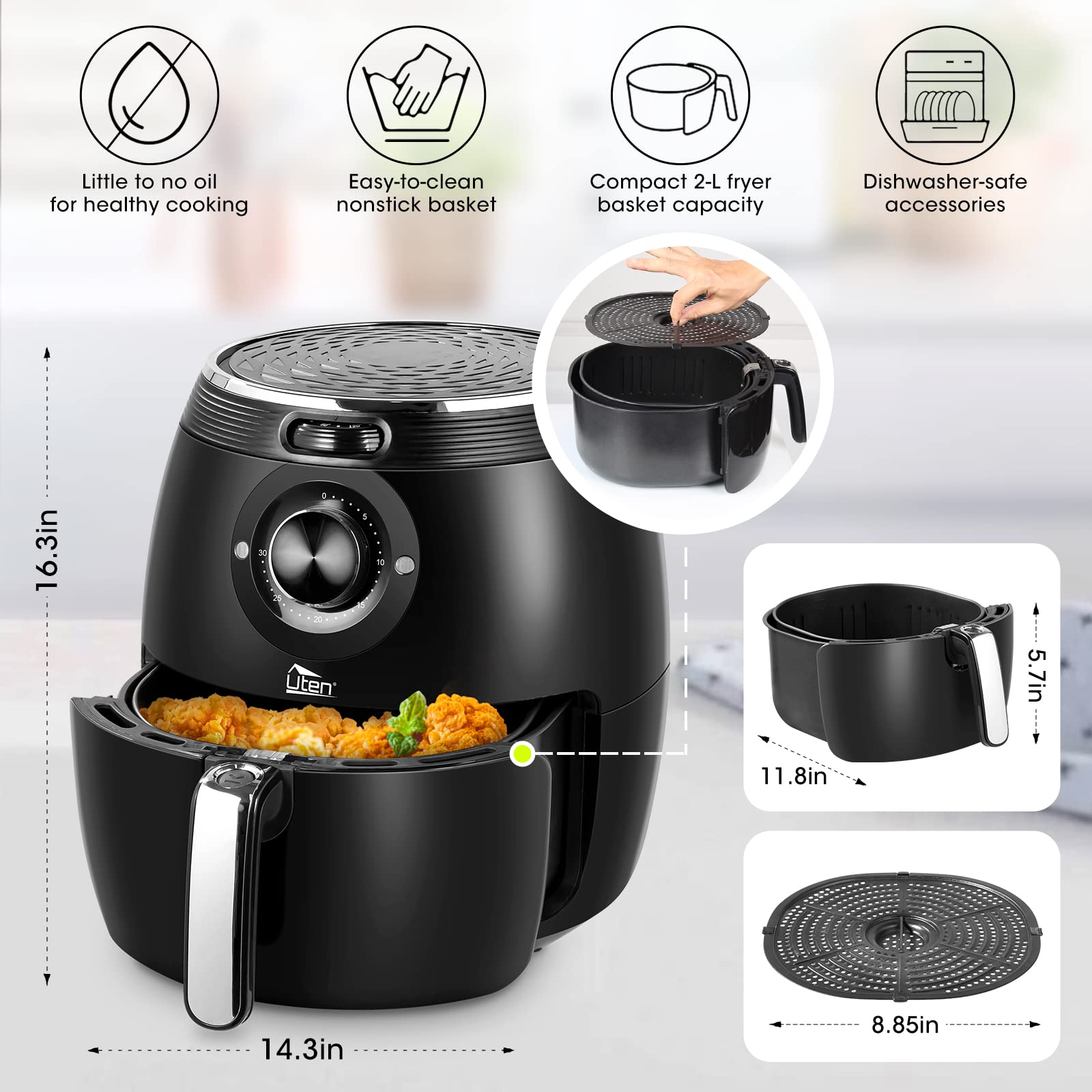 Air Fryer 5.8QT/5.5L, Uten 1700W AirFryer High-Power Electric Hot Temperature Control & Timer Knob, Non Stick Fry Basket, Dishwasher Safe, Apply to Party, Afternoon Tea, Black