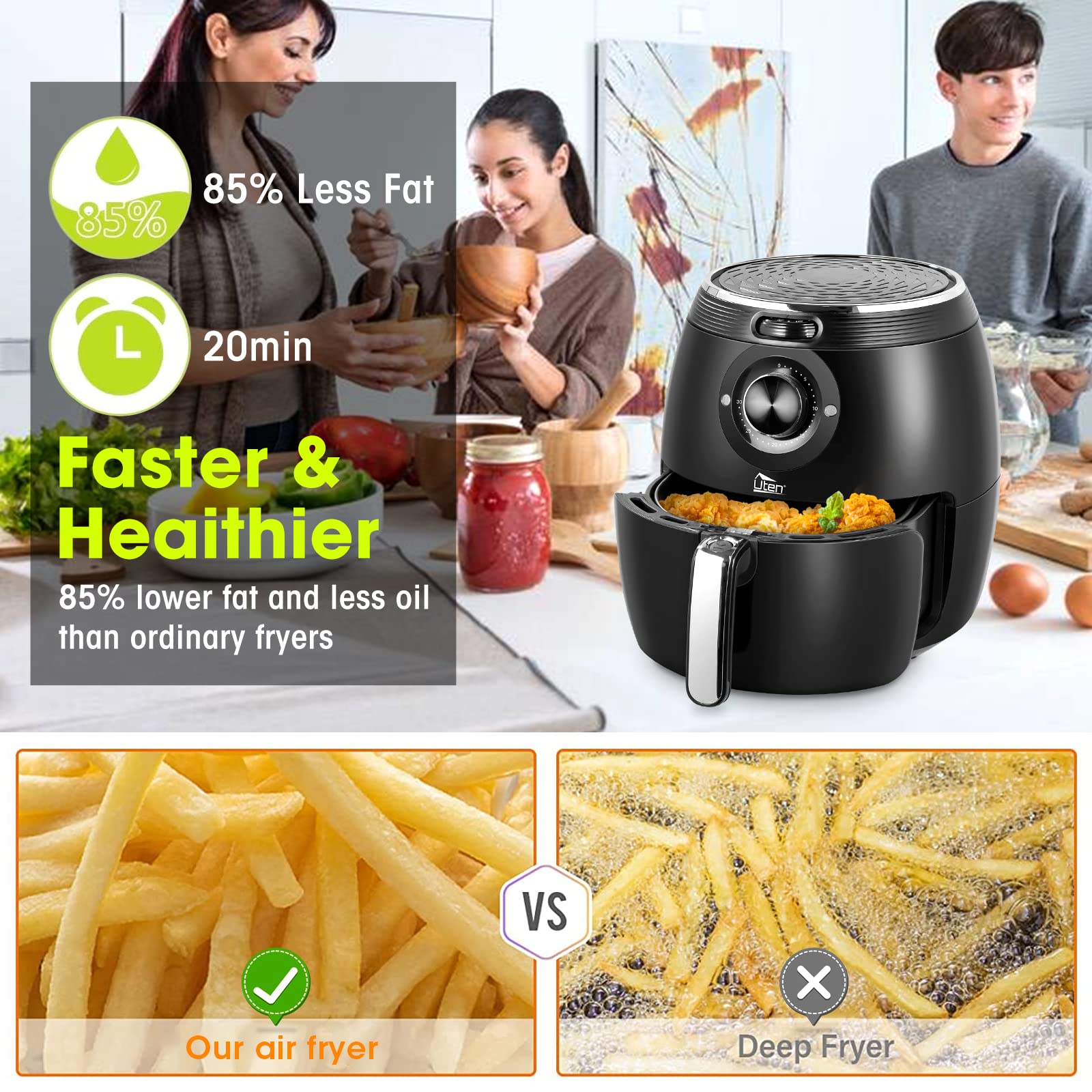 Air Fryer 5.8QT/5.5L, Uten 1700W AirFryer High-Power Electric Hot Temperature Control & Timer Knob, Non Stick Fry Basket, Dishwasher Safe, Apply to Party, Afternoon Tea, Black