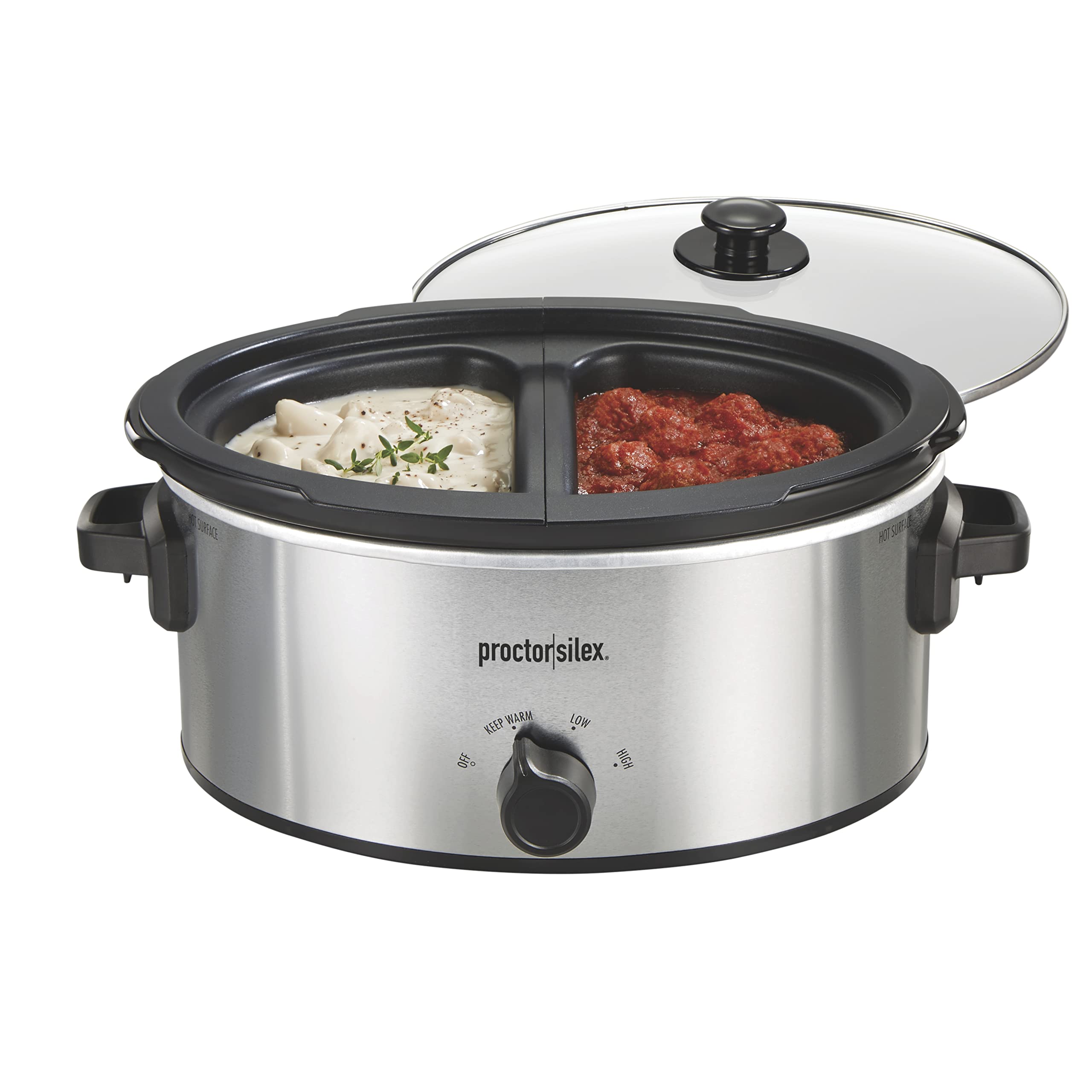 Proctor Silex Double Dish Slow Cooker with 6qt Crock and Dual 2.5qt Nonstick Insert to Cook Two Meals at Once, Dishwasher Safe Pot & Lid, Silver (33563)