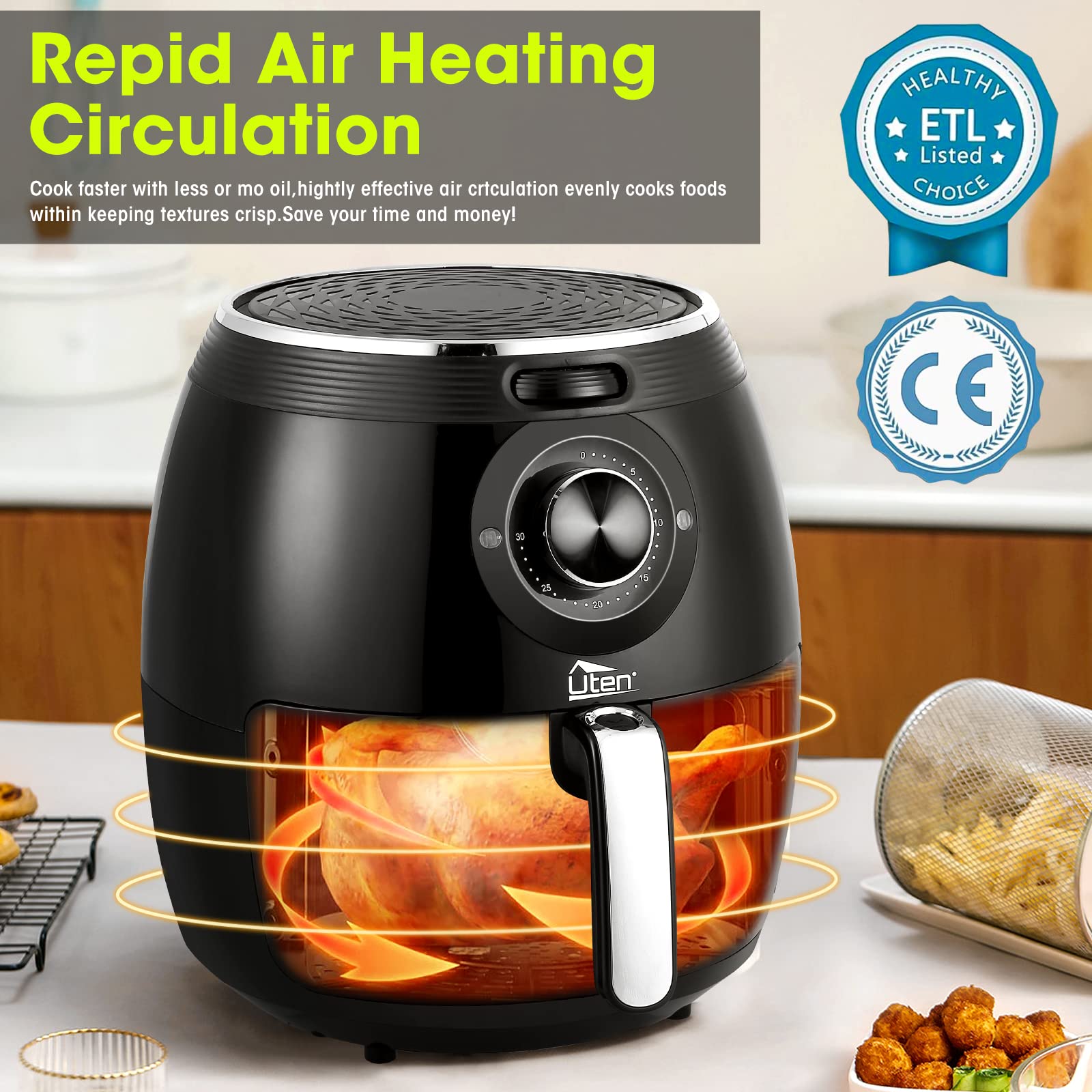 Air Fryer 5.8QT/5.5L, Uten 1700W AirFryer High-Power Electric Hot Temperature Control & Timer Knob, Non Stick Fry Basket, Dishwasher Safe, Apply to Party, Afternoon Tea, Black