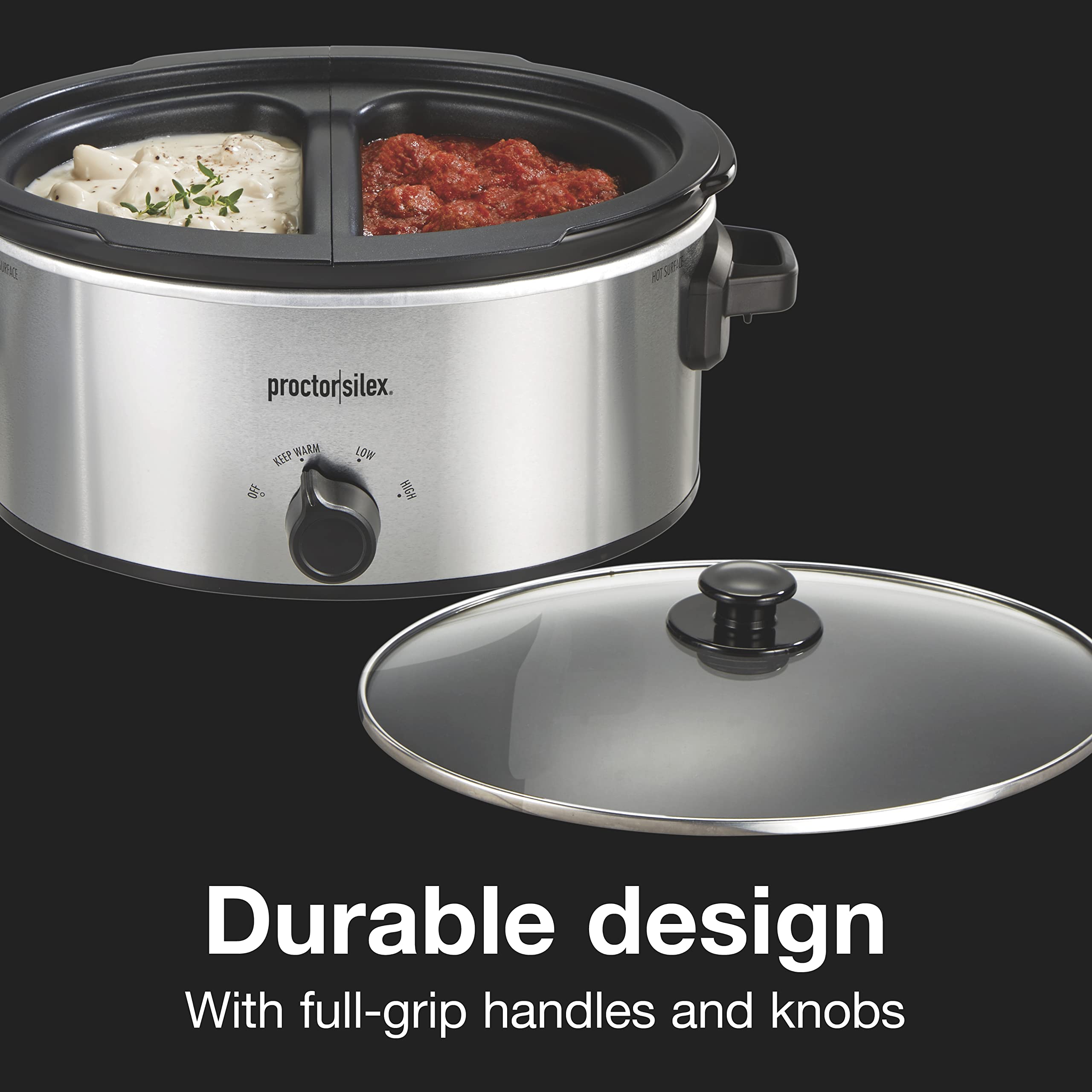 Proctor Silex Double Dish Slow Cooker with 6qt Crock and Dual 2.5qt Nonstick Insert to Cook Two Meals at Once, Dishwasher Safe Pot & Lid, Silver (33563)