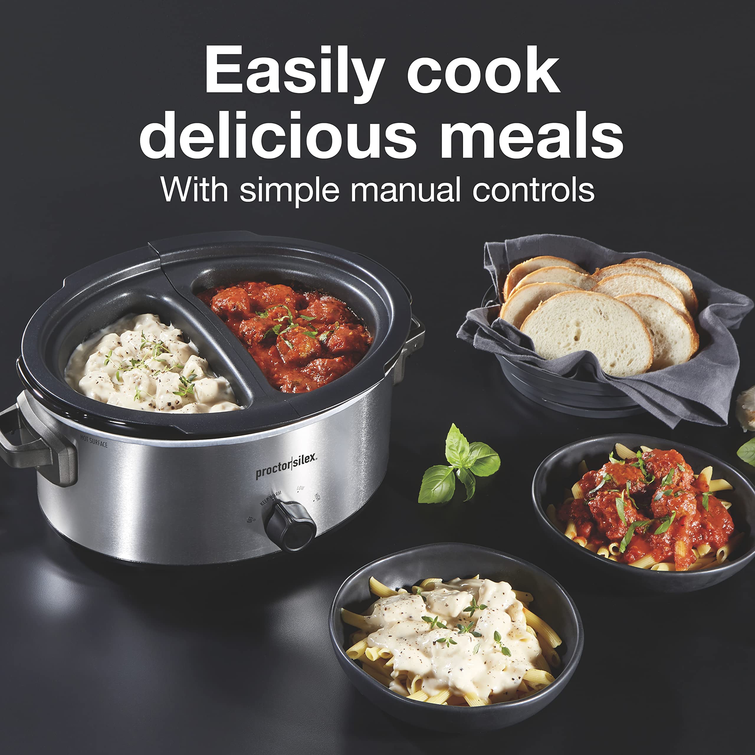 Proctor Silex Double Dish Slow Cooker with 6qt Crock and Dual 2.5qt Nonstick Insert to Cook Two Meals at Once, Dishwasher Safe Pot & Lid, Silver (33563)