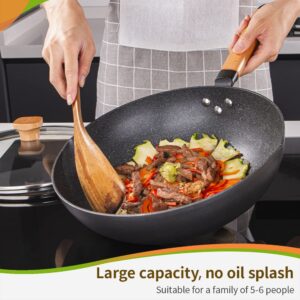 Wok Stir Fry Pan with Lid, Nonstick Woks Pan 12 Inch, 100% PFOA-Free Coating, Non Stick Cooking Frying Pans with Detachable Wooden Handle, Induction Compatible, Black