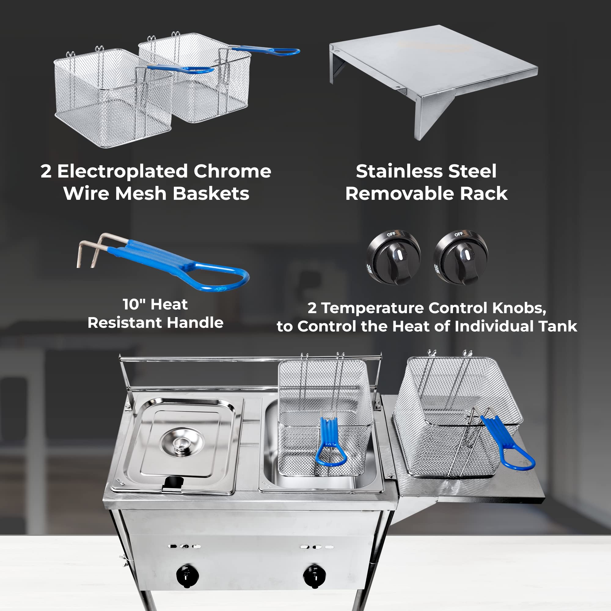 KEEKR Two Tank Outdoor Deep Fryer with Thermometer | Propane Deep Fryer with 2 Stainless Steel Basket & Lid Covers | Large Oil Tank Capacity with Regulating Knobs