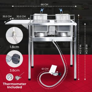 KEEKR Two Tank Outdoor Deep Fryer with Thermometer | Propane Deep Fryer with 2 Stainless Steel Basket & Lid Covers | Large Oil Tank Capacity with Regulating Knobs