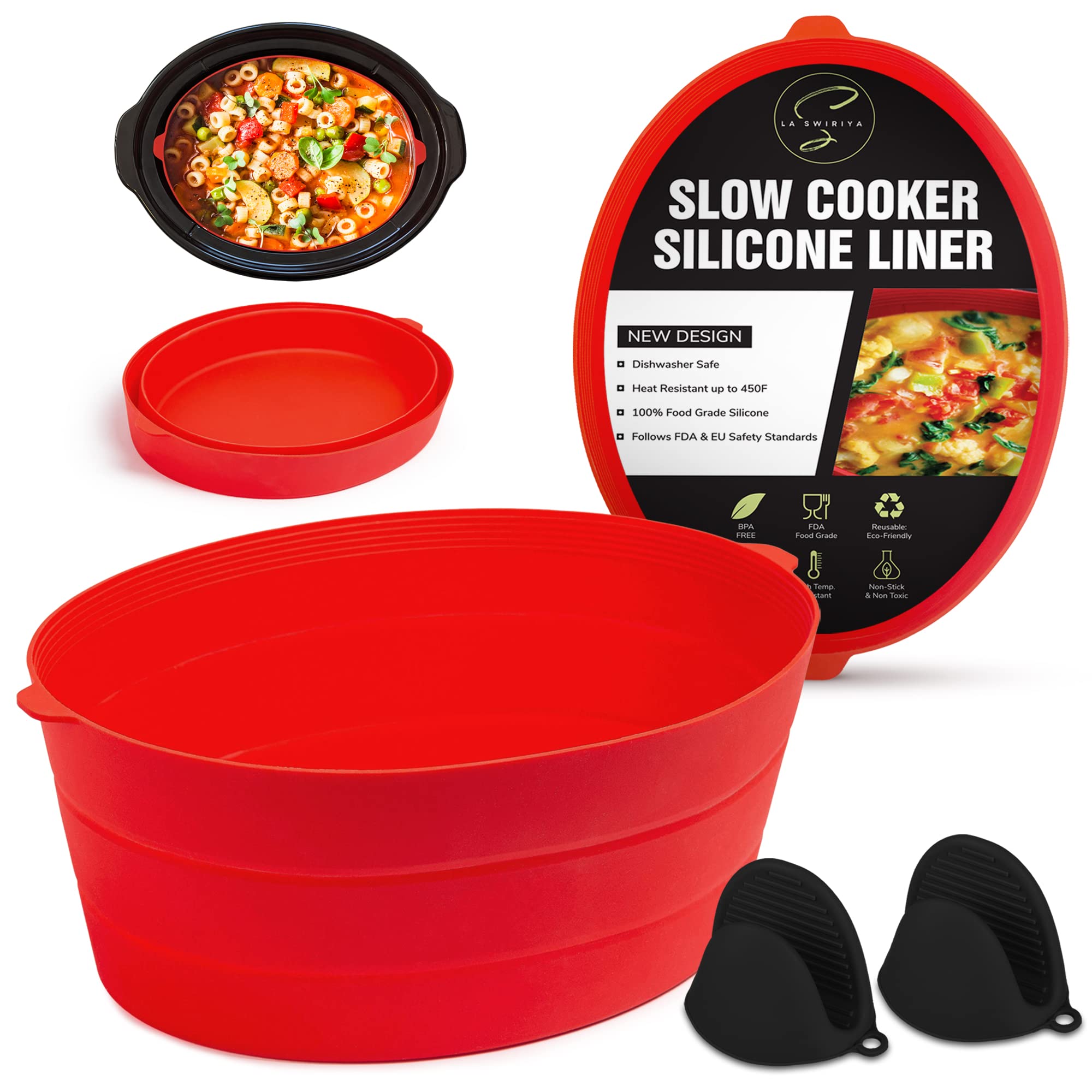 Silicone Crockpot Liner & Mitts | Reusable Slow Cooker Liner | Leakproof and Easy Clean Crock Pot Inserts for 7-8 Quart Pots