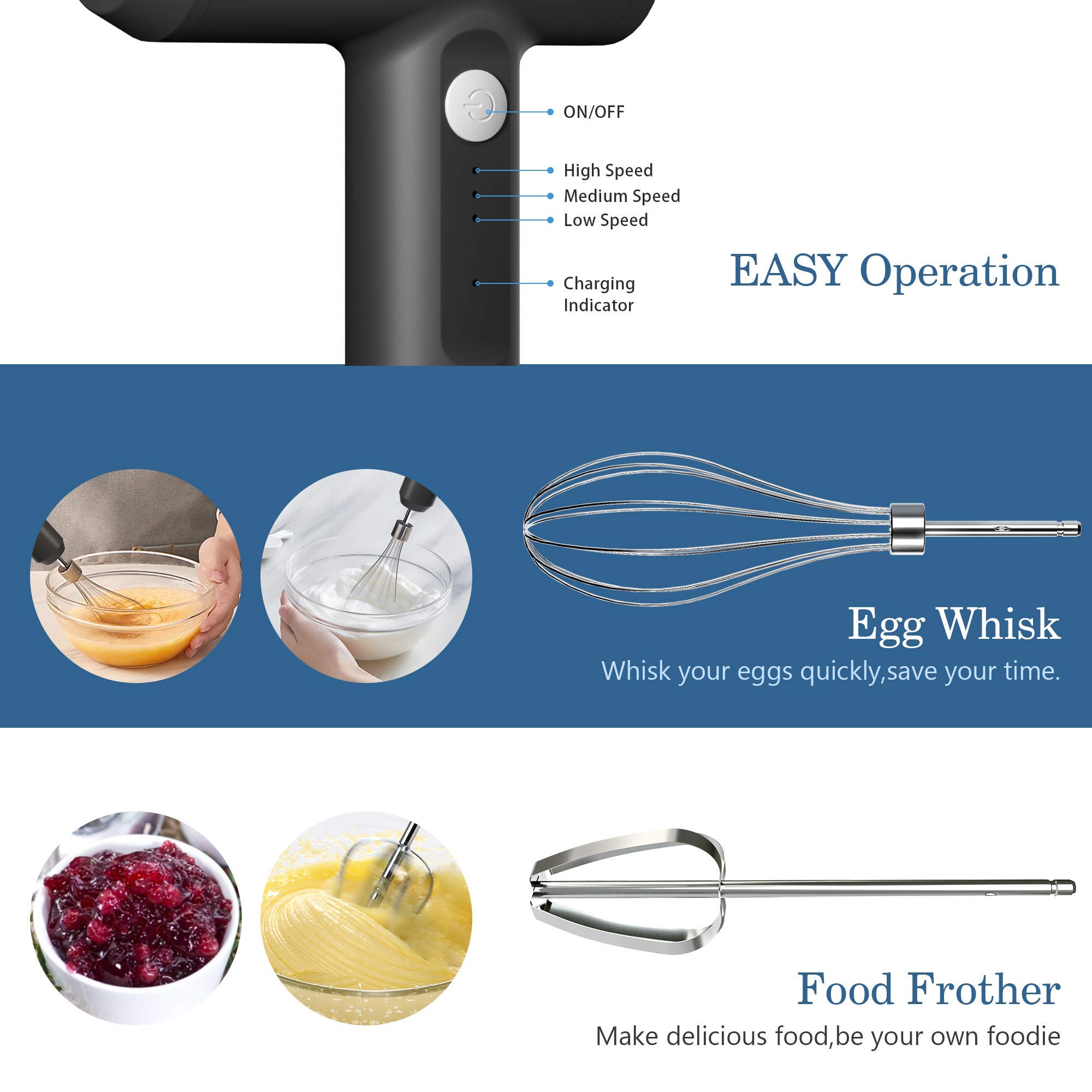 LHBD Cordless Hand Mixer- Electric Whisk USB Rechargeable Handheld Electric Mixing with 3 Speed Self-Control,304 Stainless Steel Egg Beaters & Balloon Whisk for Gifts,Tarts,Pancakes (black)