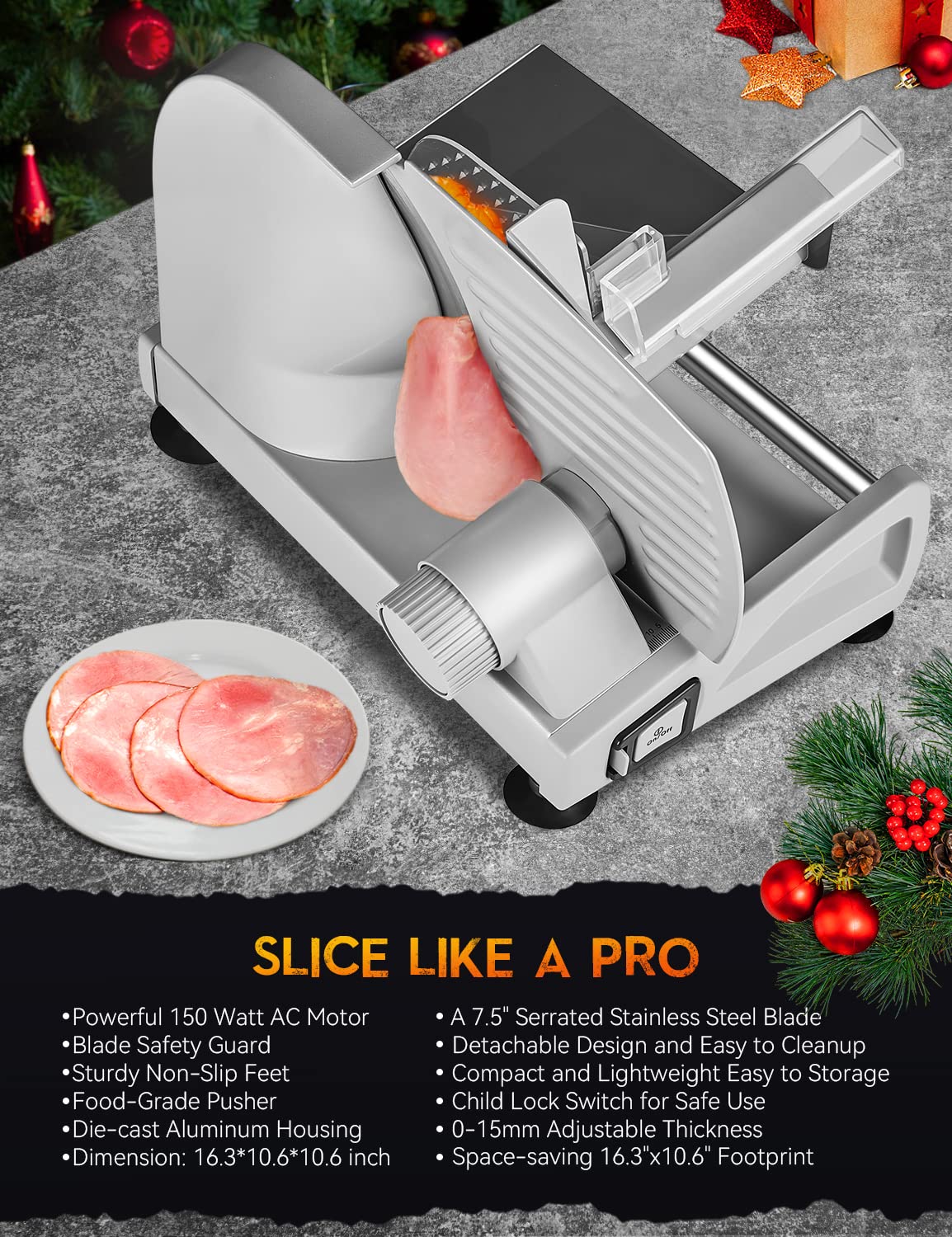 Meat Slicer Electric Deli Food Slicer with Removable 7.5’’ Stainless Steel Blade, Adjustable Thickness Meat Slicer for Home Use, Child Lock Protection, Easy to Clean, Silver, MIDONE