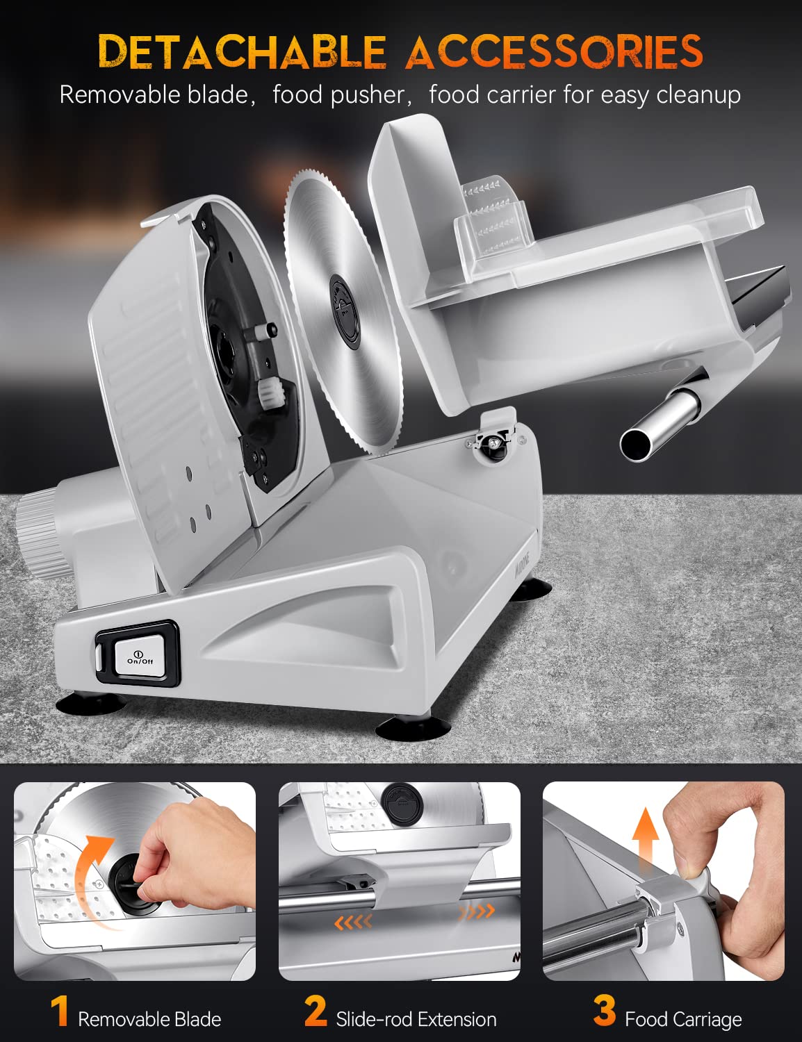 Meat Slicer Electric Deli Food Slicer with Removable 7.5’’ Stainless Steel Blade, Adjustable Thickness Meat Slicer for Home Use, Child Lock Protection, Easy to Clean, Silver, MIDONE