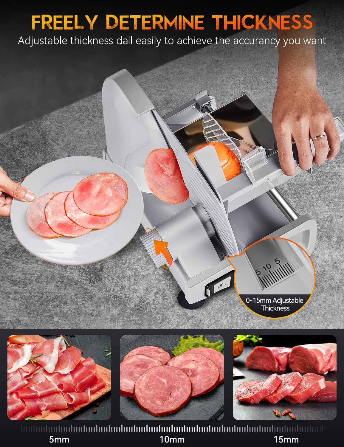 Meat Slicer Electric Deli Food Slicer with Removable 7.5’’ Stainless Steel Blade, Adjustable Thickness Meat Slicer for Home Use, Child Lock Protection, Easy to Clean, Silver, MIDONE