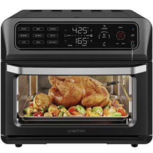 chefman air fryer toaster oven combo with probe thermometer, 12-in-1 stainless black convection oven countertop, 10 inch pizza, 4 slices of toast, cooking, baking, toasting, roaster oven airfryer 20qt