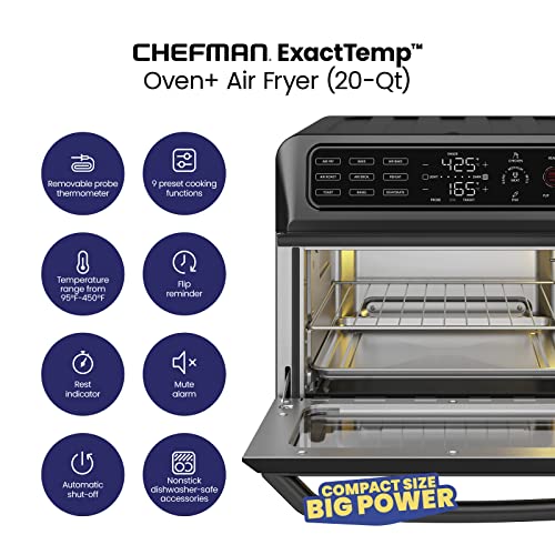 Chefman Air Fryer Toaster Oven Combo with Probe Thermometer, 12-In-1 Stainless Black Convection Oven Countertop, 10 Inch Pizza, 4 Slices of Toast, Cooking, Baking, Toasting, Roaster Oven Airfryer 20QT