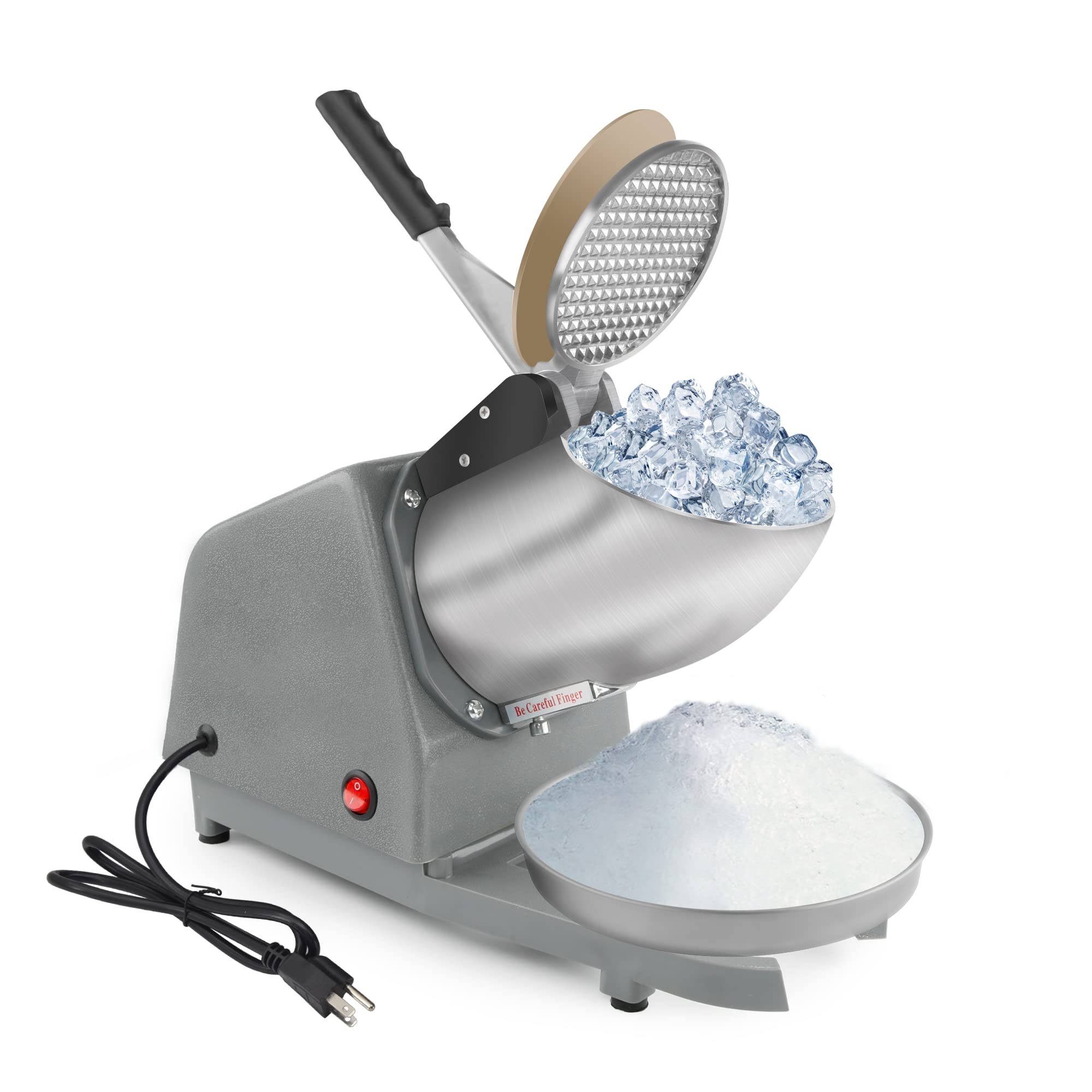 KOFOHON Shaved Ice Machine Electric Ice Crusher Double Cover 110V 300W Stainless Steel Dual Blades Snow Cone Machine Gray 143lbs/hr 1400r/min for Home and Commercial