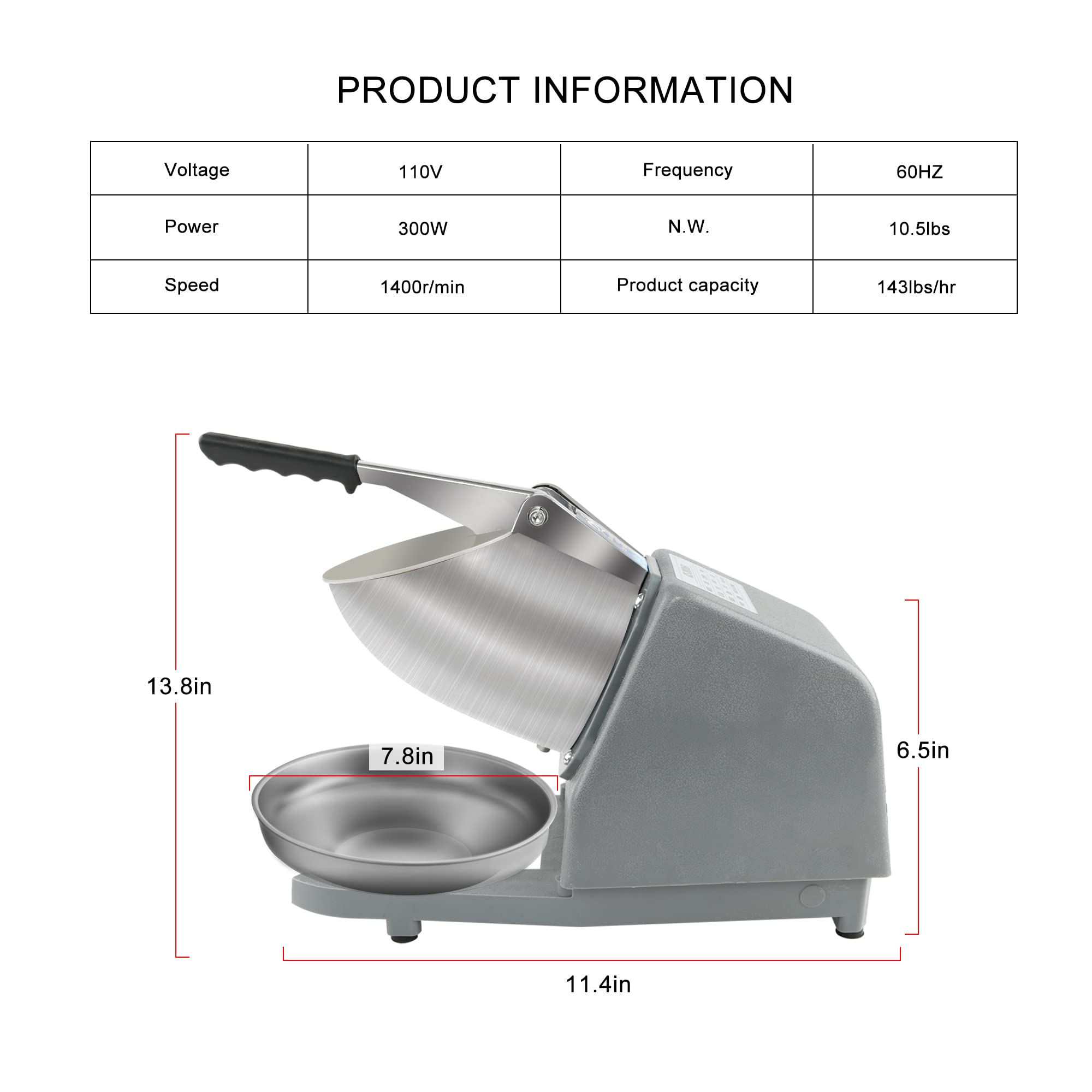 KOFOHON Shaved Ice Machine Electric Ice Crusher Double Cover 110V 300W Stainless Steel Dual Blades Snow Cone Machine Gray 143lbs/hr 1400r/min for Home and Commercial