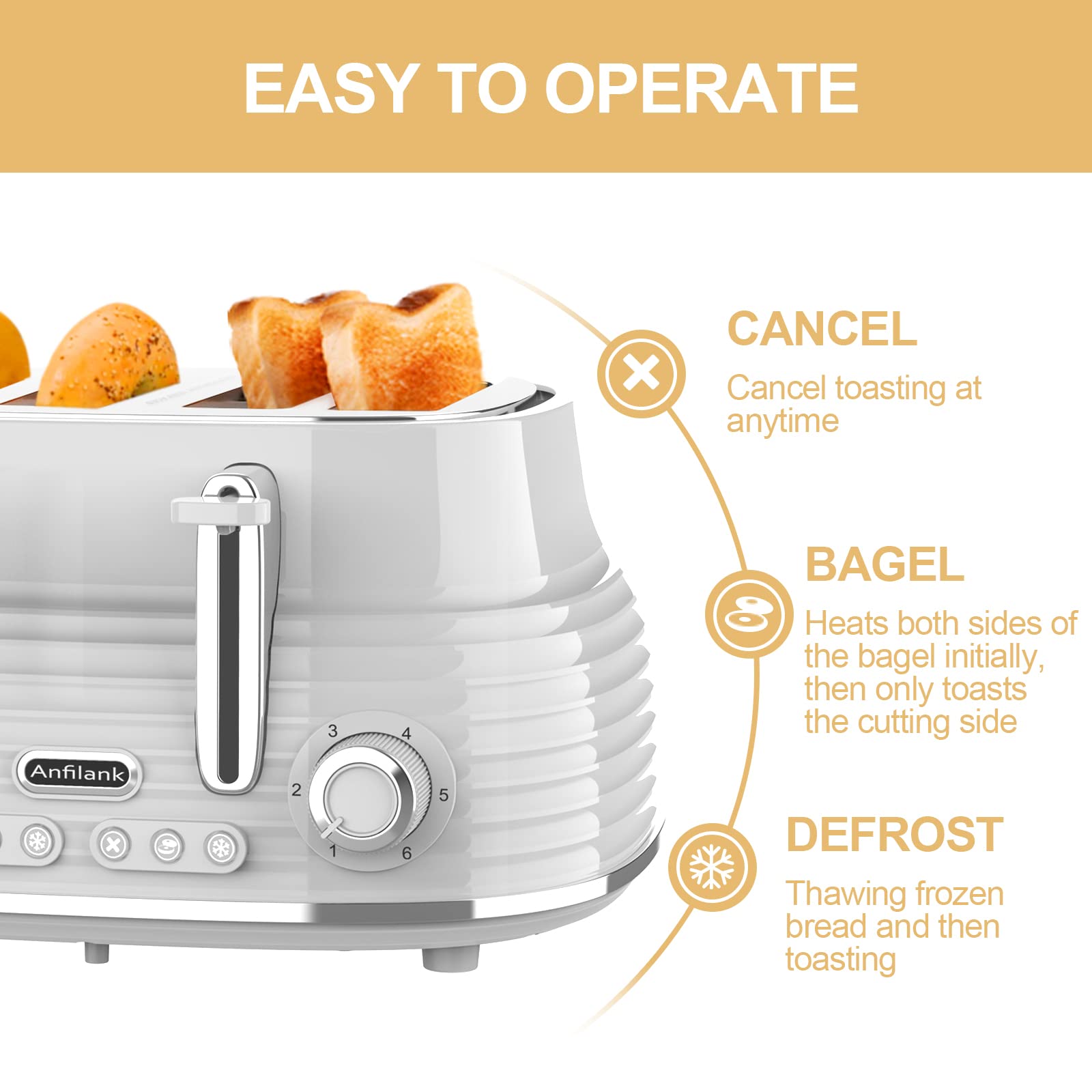 Anfilank 4-Slice Toaster, Retro Toaster with Long Extra-Wide Slots and Removable Tray, Cancel/Bagel/Reheat Function, 6 Shape Options, BPA free(Grey)