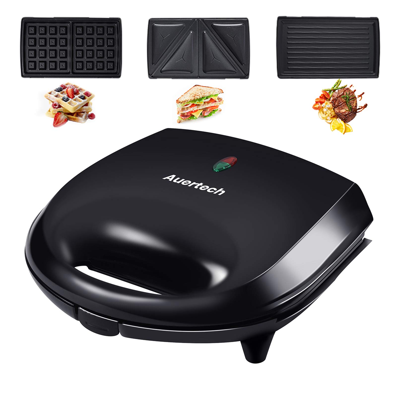 Auertech Sandwich Maker, 3-in-1 Waffle Maker 800W Panini Press Grill with Detachable Non-stick Plates, Indicator Lights, Cool Touch Handle (3 in 1)