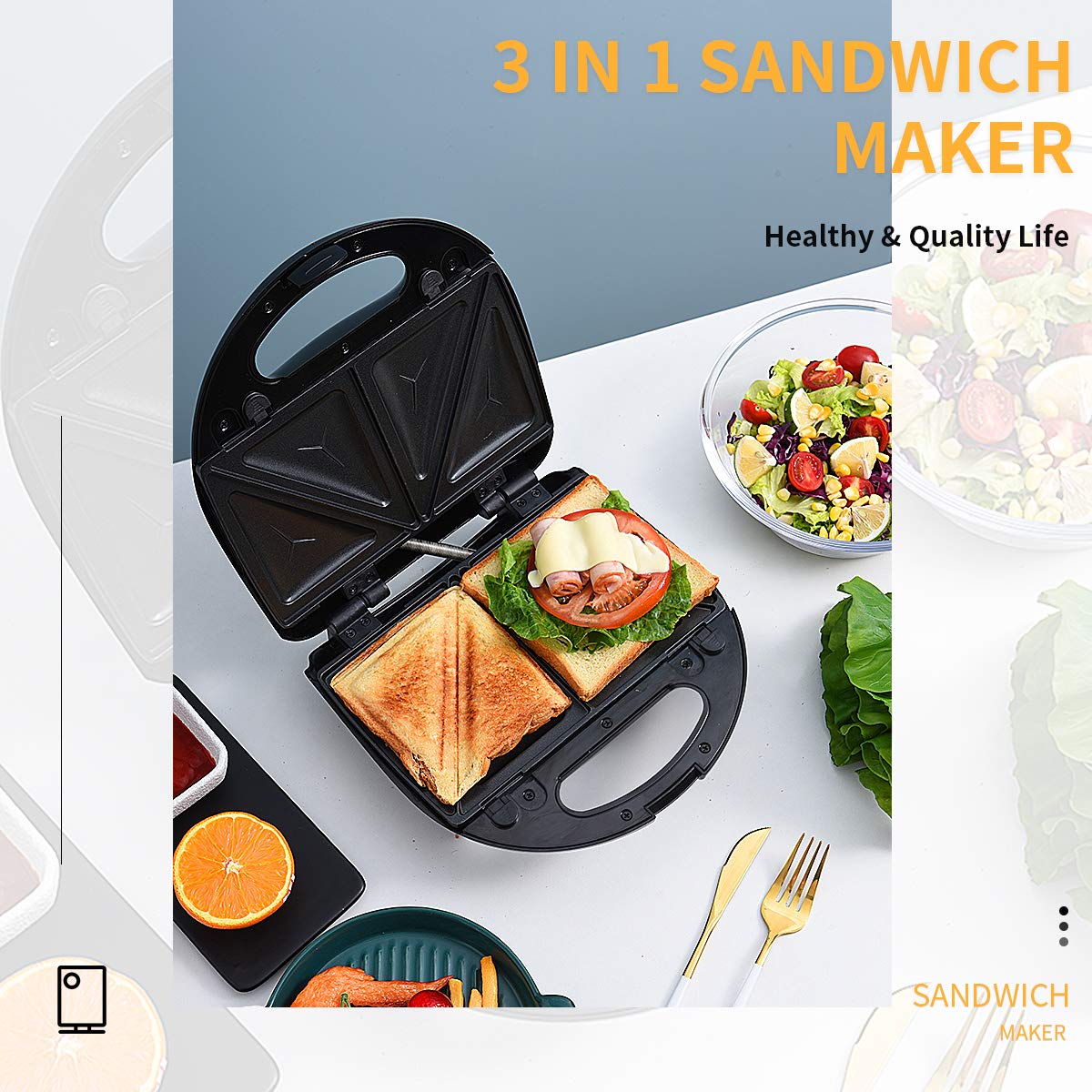 Auertech Sandwich Maker, 3-in-1 Waffle Maker 800W Panini Press Grill with Detachable Non-stick Plates, Indicator Lights, Cool Touch Handle (3 in 1)