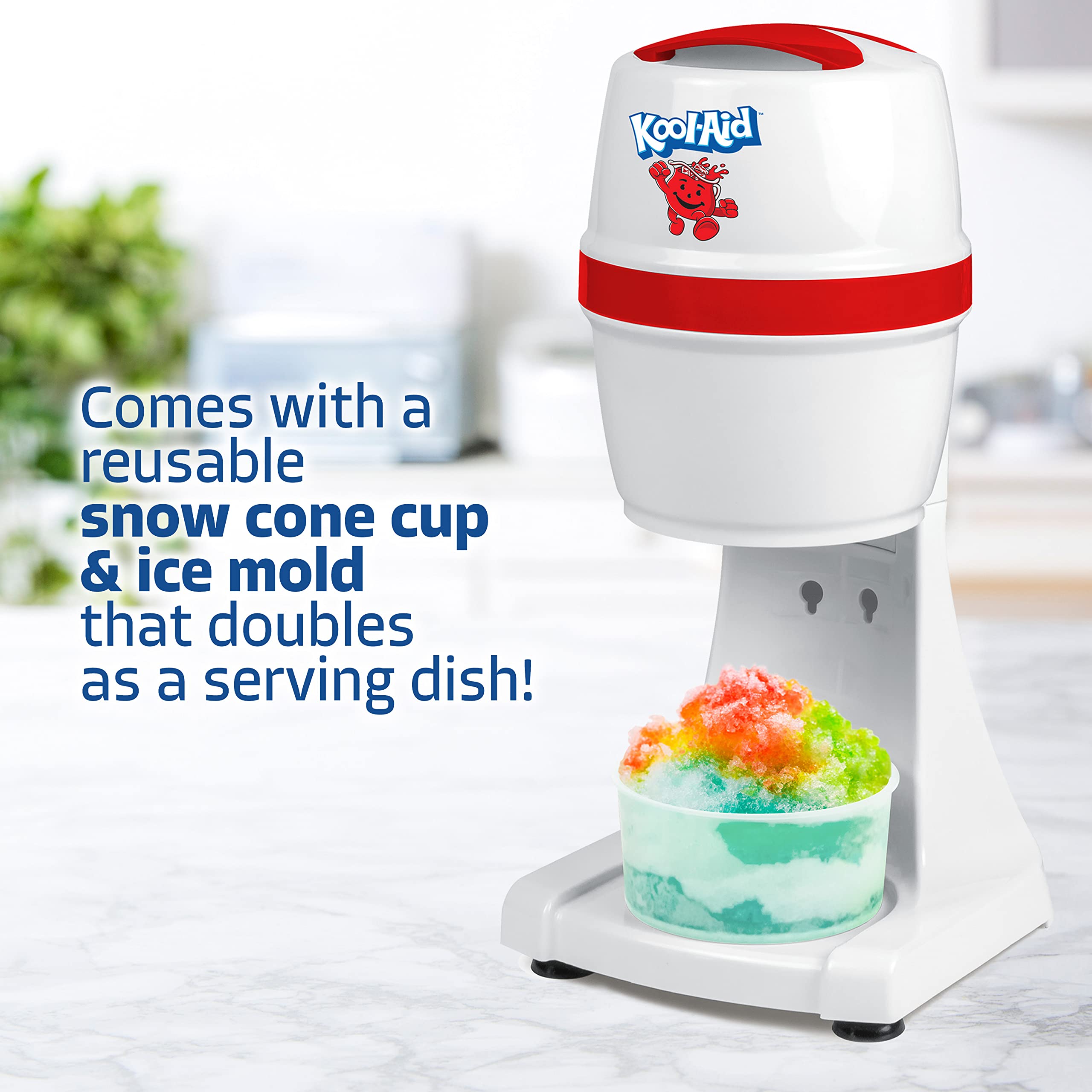 Nostalgia Kool-Aid Shave Ice & Snow Cone Maker, Includes Reusable Cup and Two Ice Molds, Stainless Steel Blades, Makes Margaritas, Frozen Cocktails, Slushies, Red