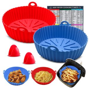 2 pack air fryer silicone liners, blue and red silicone air fryer liner, silicone air fryer liners reusable with cooking guide times sheet, air fryer liners silicone, red gloves