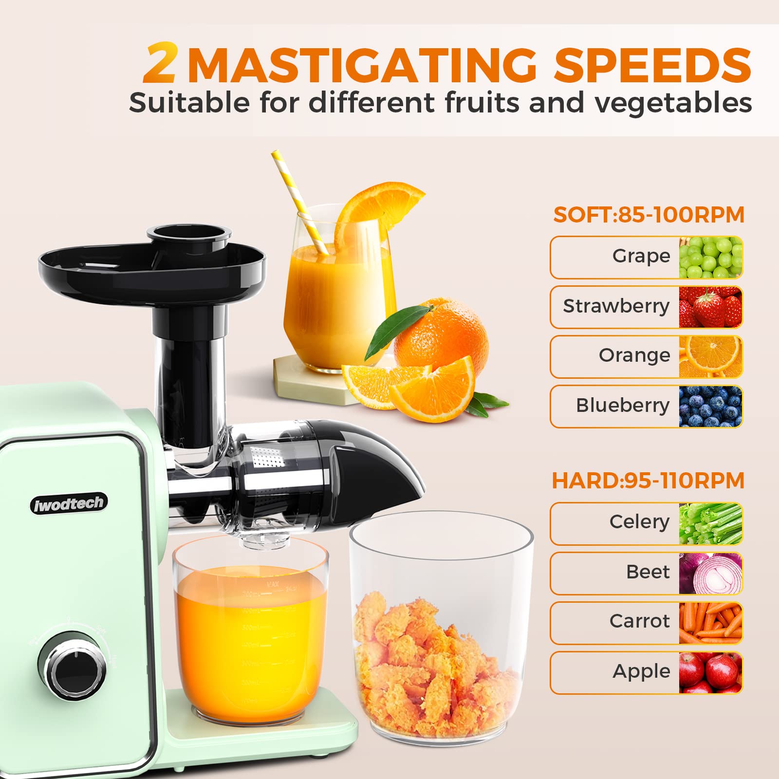 IWODTECH Juicer Machine, Cold Press Juicer with 2 Speed Modes, Slow Masticating Juicer Vegetable and Fruit, Celery Juicer, BPA-Free, Easy to Clean, Matcha Green