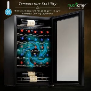 NutriChef 34 Bottle Compressor Wine Cooler Refrigerator Cooling System | Large Freestanding Wine Cellar Fridge For Red And White Champagne or Sparkling, Black Glass Door