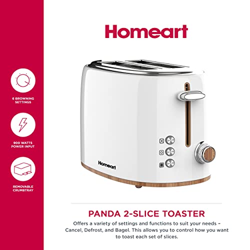 Homeart Panda 2-Slice Toaster with Wooden Detail - Stainless Steel With Removable Crumb Tray, Adjustable Browning Control With Multiple Settings to Cancel, Defrost and Bagel - 900W, White