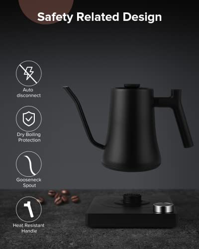 Electric Gooseneck Kettle With Variable Temperature Control, One-key Control All Functions, Pour-Over Coffee Kettle and Tea Kettle, 1200W Quick Heating, 0.8L, Built-in Stopwatch, Matte Black