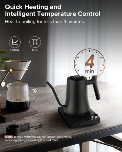 Electric Gooseneck Kettle With Variable Temperature Control, One-key Control All Functions, Pour-Over Coffee Kettle and Tea Kettle, 1200W Quick Heating, 0.8L, Built-in Stopwatch, Matte Black