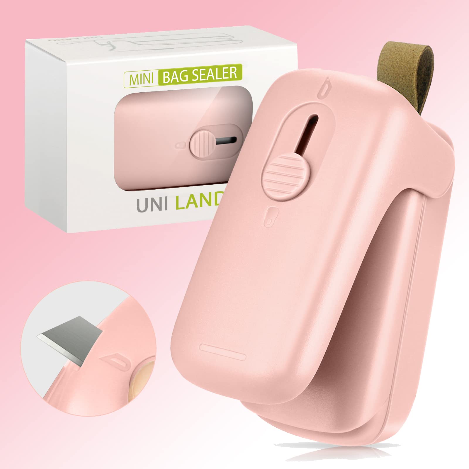 Uniland Mini Bag Sealer,Portable Heat Sealer for Plastic Bags,Chip Bag Sealer,Handheld Vacuum Sealer,Sealer and Cutter,Bag Resealer Machine(Pink)