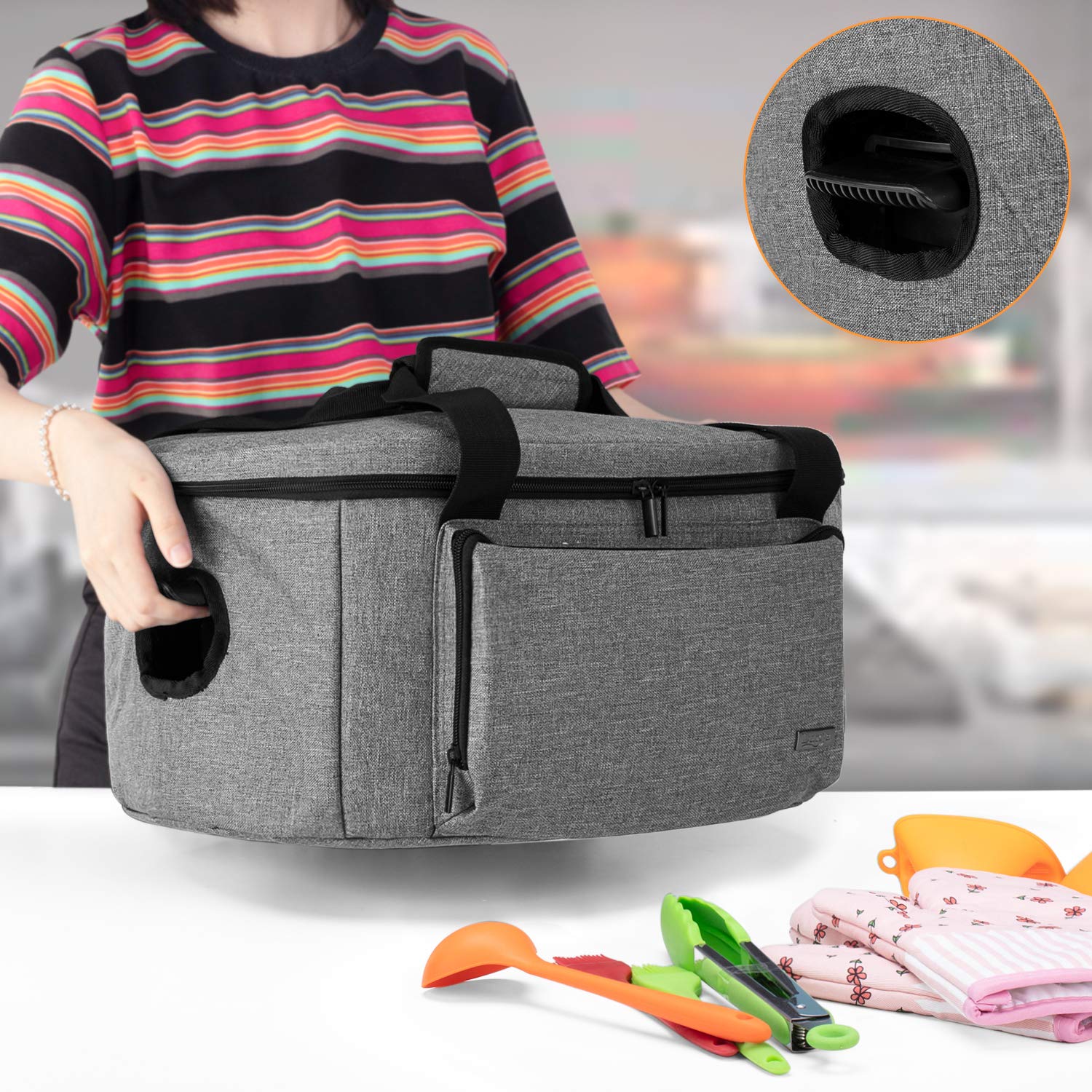 Luxja Insulated Slow Cooker Bag (with a Bottom Pad and Lid Fasten Straps), Slow Cooker Carrier Fits for Most 6-8 Quart Oval Slow Cooker, Gray