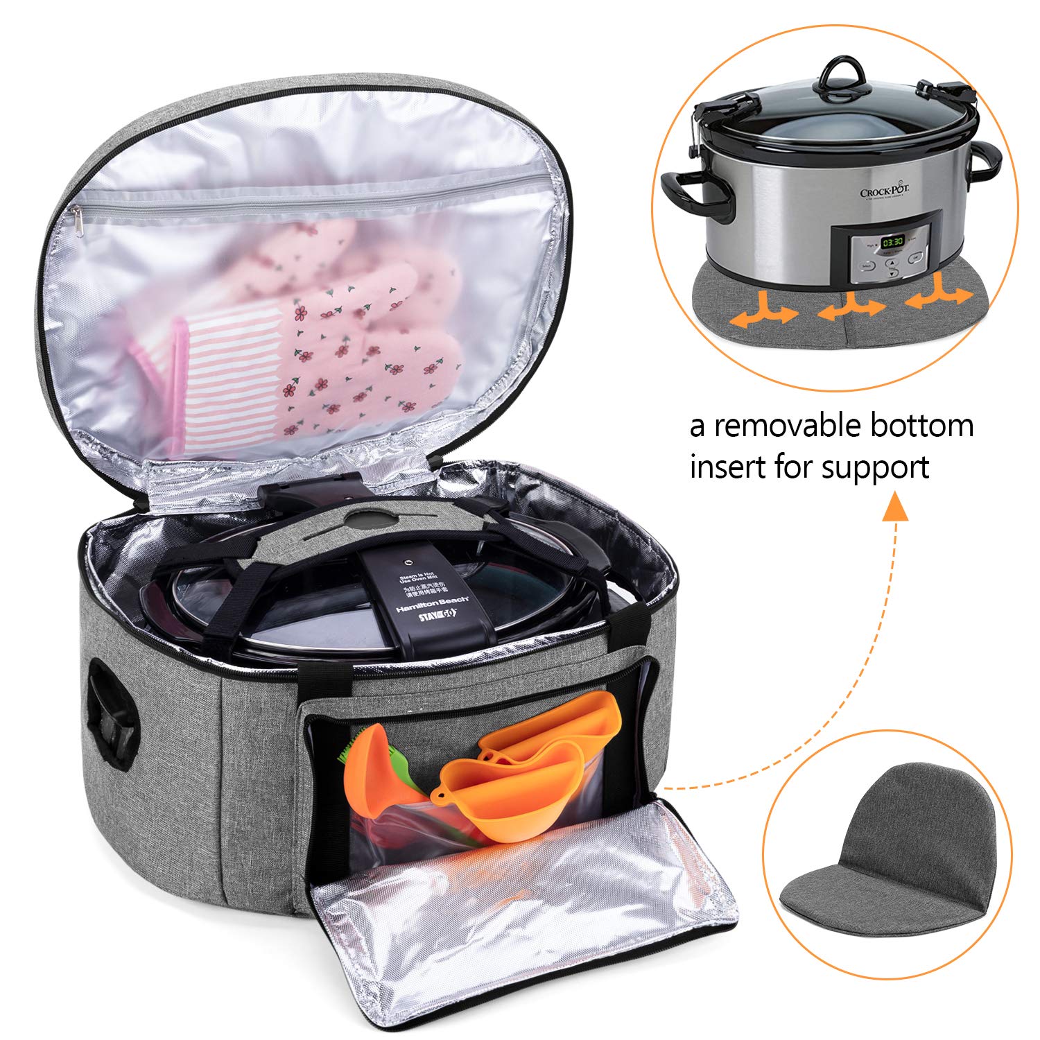 Luxja Insulated Slow Cooker Bag (with a Bottom Pad and Lid Fasten Straps), Slow Cooker Carrier Fits for Most 6-8 Quart Oval Slow Cooker, Gray