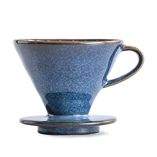 Ceramic Coffee Dripper Filter 60 Angle Tapered 02-4Cup Pour Over Coffee Ceramic Hand Brew Coffee Cup Retro Filter Set Reusable Portable Coffee Maker (2/4 People Large - Sky Blue)