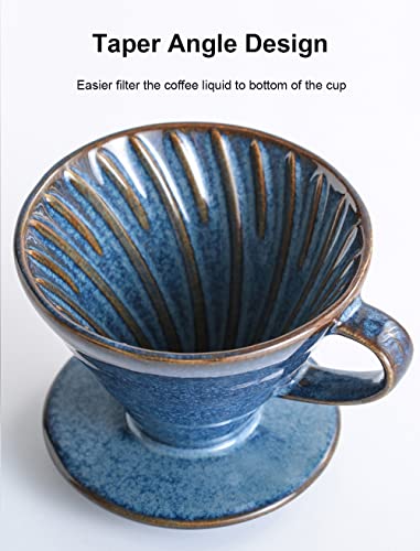 Ceramic Coffee Dripper Filter 60 Angle Tapered 02-4Cup Pour Over Coffee Ceramic Hand Brew Coffee Cup Retro Filter Set Reusable Portable Coffee Maker (2/4 People Large - Sky Blue)