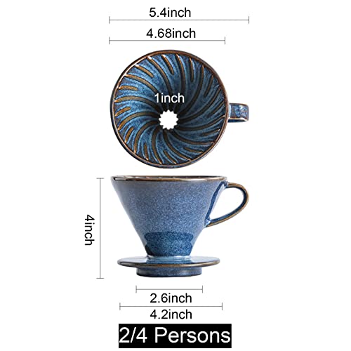 Ceramic Coffee Dripper Filter 60 Angle Tapered 02-4Cup Pour Over Coffee Ceramic Hand Brew Coffee Cup Retro Filter Set Reusable Portable Coffee Maker (2/4 People Large - Sky Blue)