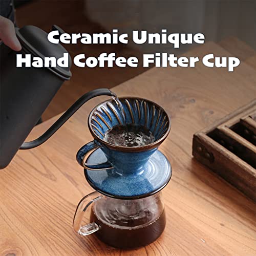 Ceramic Coffee Dripper Filter 60 Angle Tapered 02-4Cup Pour Over Coffee Ceramic Hand Brew Coffee Cup Retro Filter Set Reusable Portable Coffee Maker (2/4 People Large - Sky Blue)