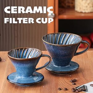 Ceramic Coffee Dripper Filter 60 Angle Tapered 02-4Cup Pour Over Coffee Ceramic Hand Brew Coffee Cup Retro Filter Set Reusable Portable Coffee Maker (2/4 People Large - Sky Blue)