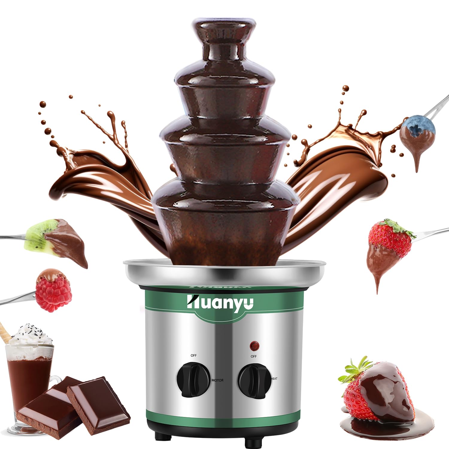 Huanyu Chocolate Fountain 4 Tier Hot Chocolate Fondue Fountain Machine Stainless Steel 18inch Melting Tower 3lbs Capacity for Chocolate Candy, Ranch, Nacho Cheese, Baby Shower, Birthday Celebration