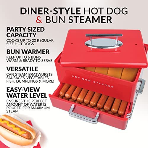 Nostalgia Extra Large Retro Classic Style Steamer Warmer, 20 Hot Dog and 6 Bun Capacity, Steam Bratwursts, Sausages, Vegetables, Fish, Dumplings, Original Red