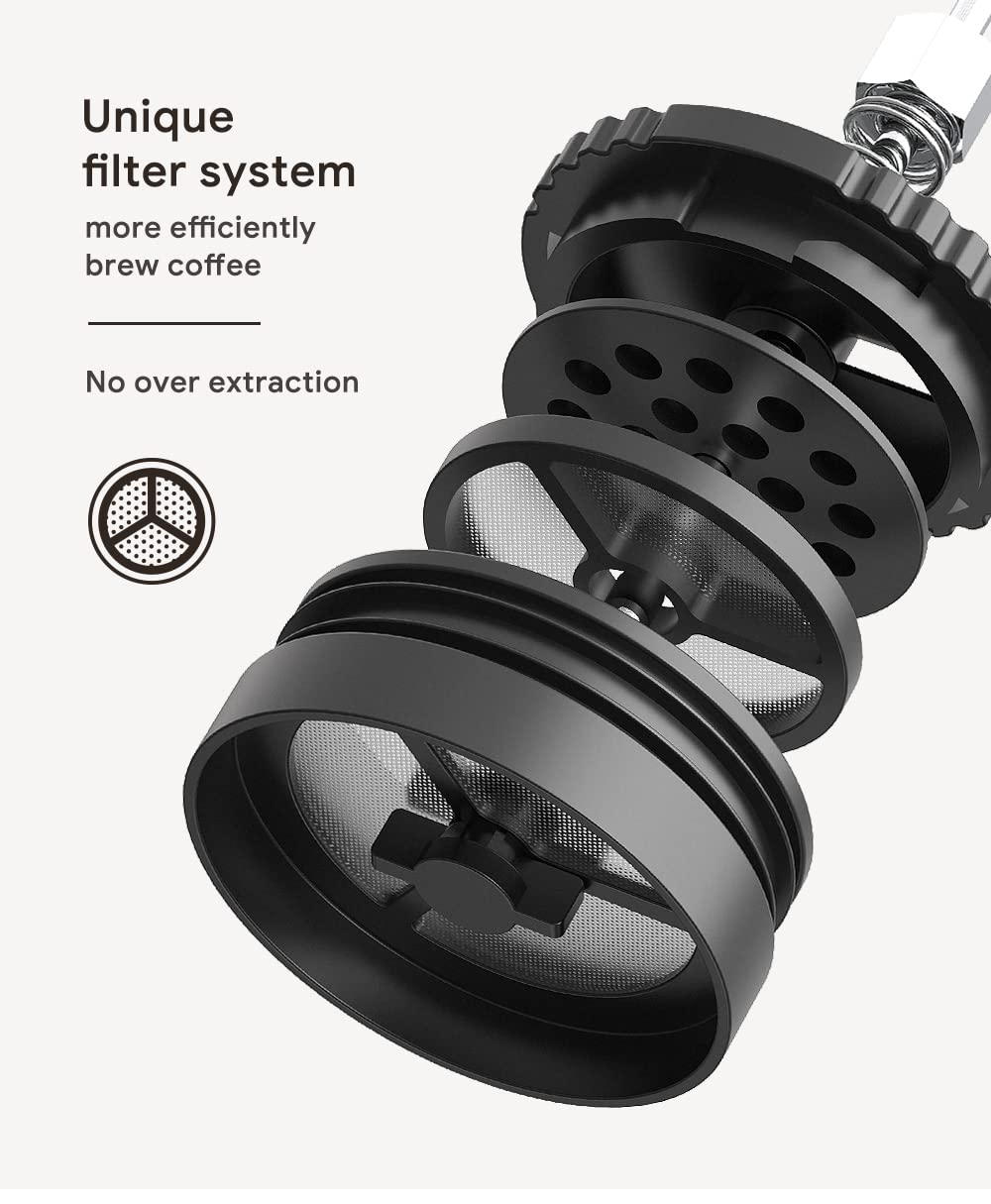 BENFUCHEN Portable French Press Coffee Maker Car-Go Vacuum Insulated Travel Bottle Mug, Hot/Cold Brew Coffee Press With Four-Layer Unique Filter Mesh Stainless Steel Tea Press Single Serve