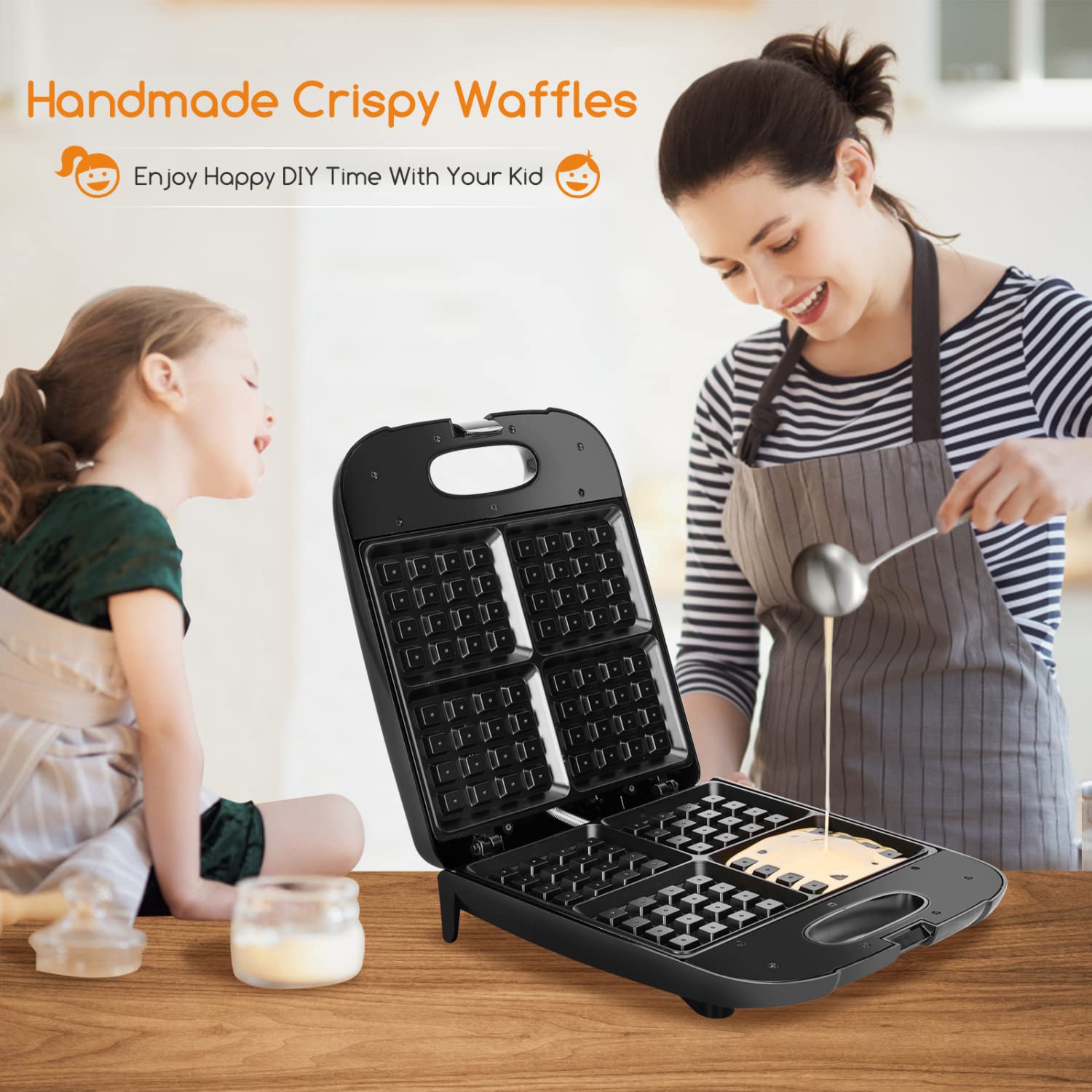 Aigostar Waffle Maker, 2-Slice Nonstick Waffle Iron, 1400W Square Waffle Machine with Indicator Lights for Hash Browns, Snacks, Breakfast & Lunch, Easy to Clean, PFOA Free, ETL Certificated, Black